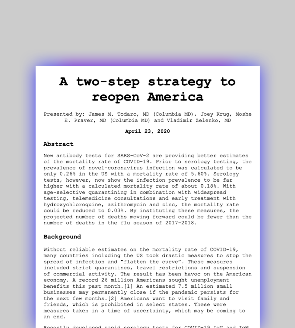 A Two-Step Strategy to Reopen America: James M. Todaro, M.D., Moshe E ...